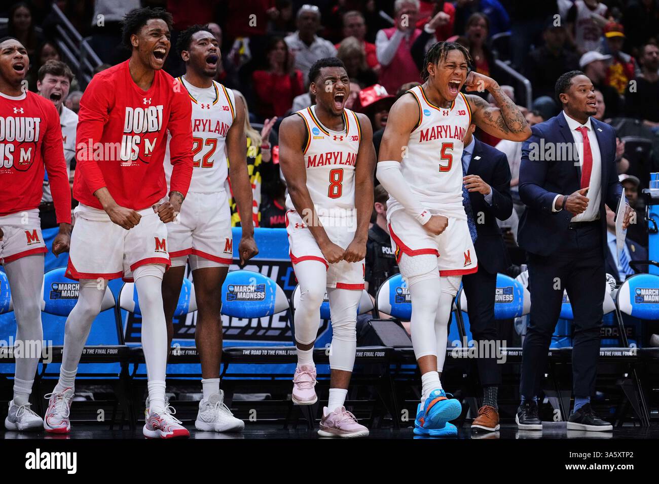 The Maryland bench, including forward Jordan Geronimo (22), guard Jay Young (8) and guard ...