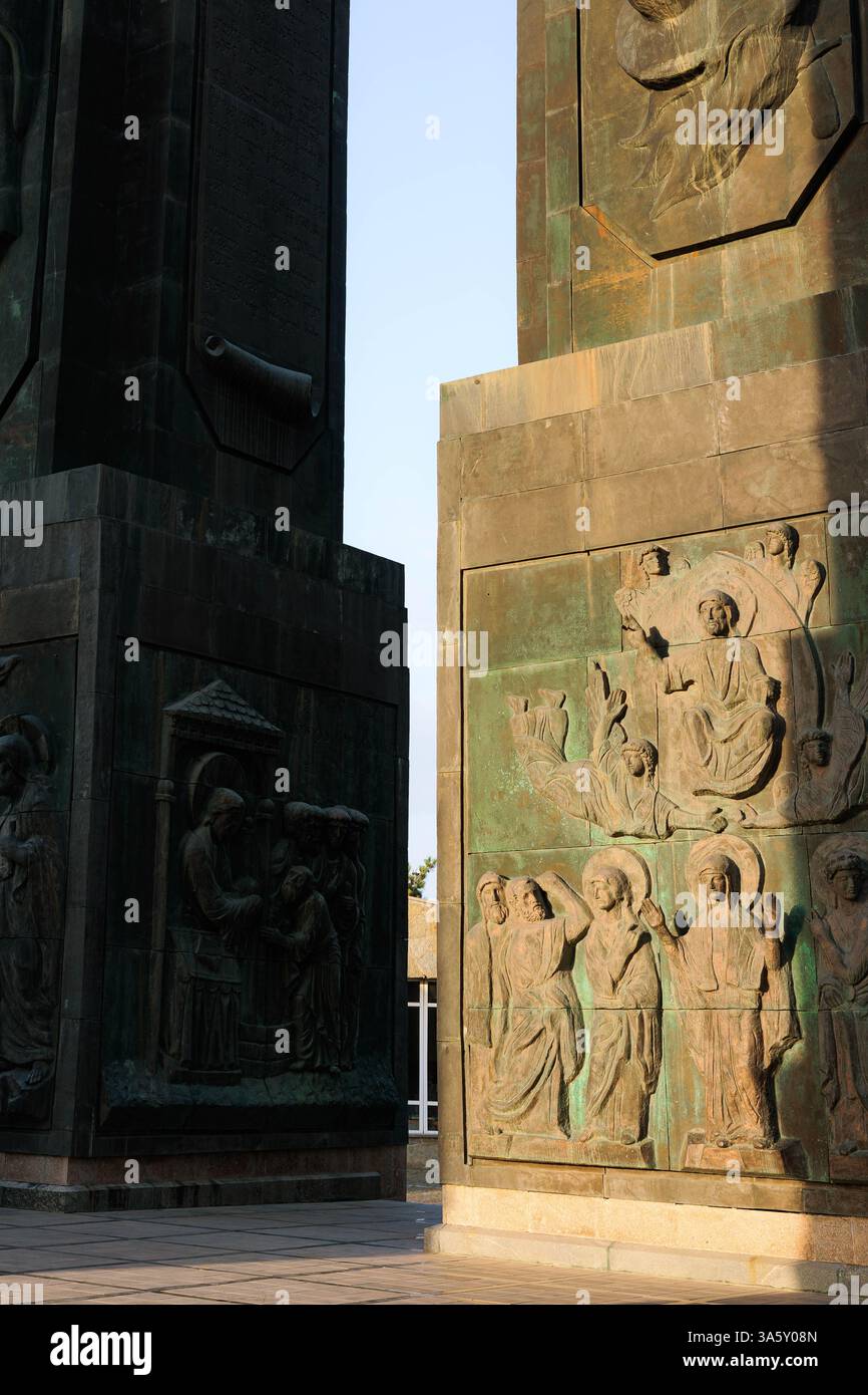 Close-up of the detailed columns of the Chronicle of Georgia monument ...