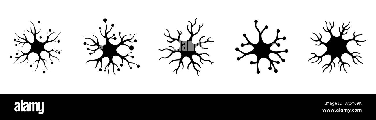 Set of silhouette black flat neuron cells with long axons. Vector ...