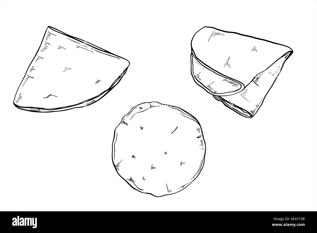 Three empty cornmeal or wheat flour Mexican tortillas in different ...