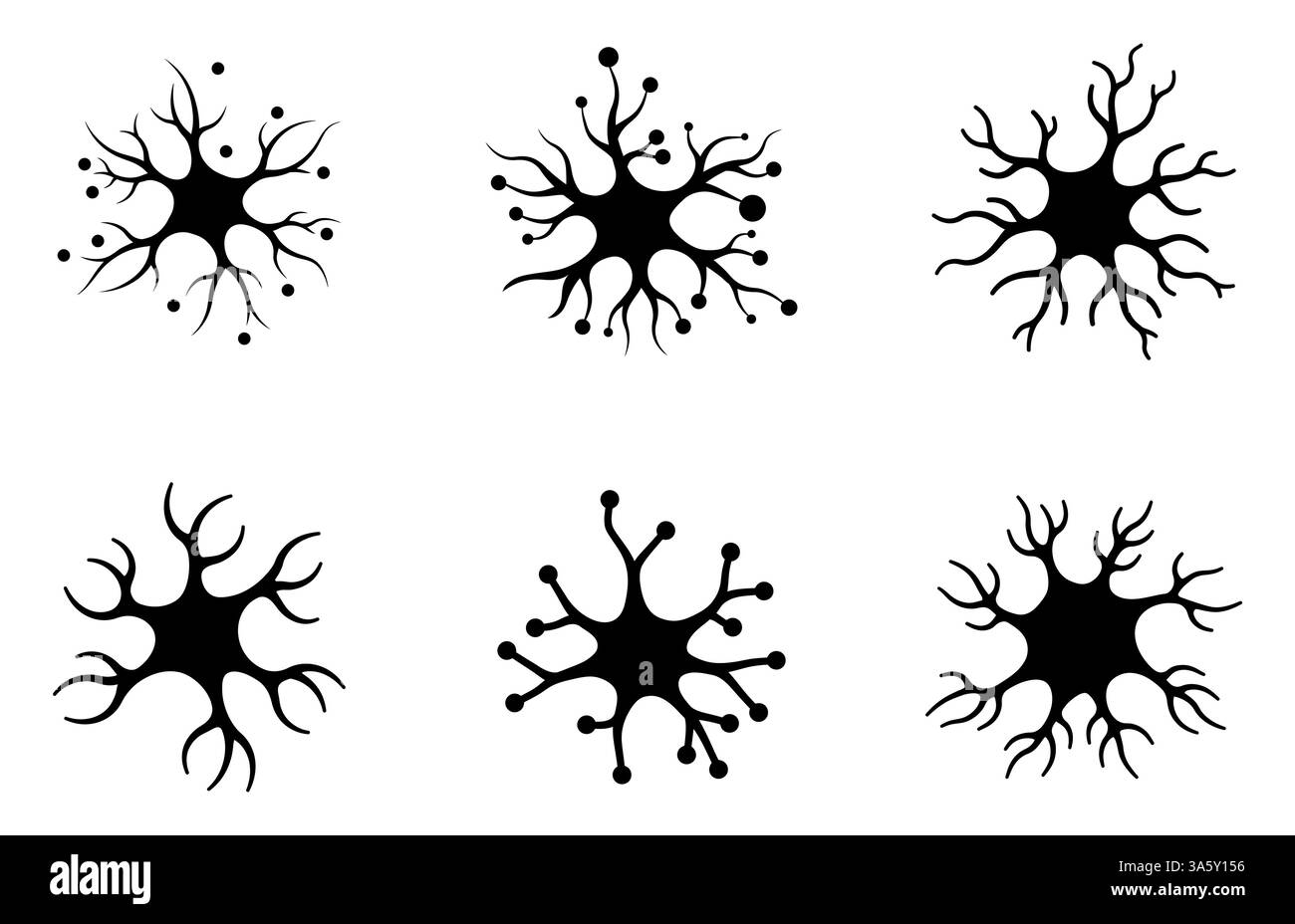 Set of silhouette black flat neuron cells with long axons. Vector ...