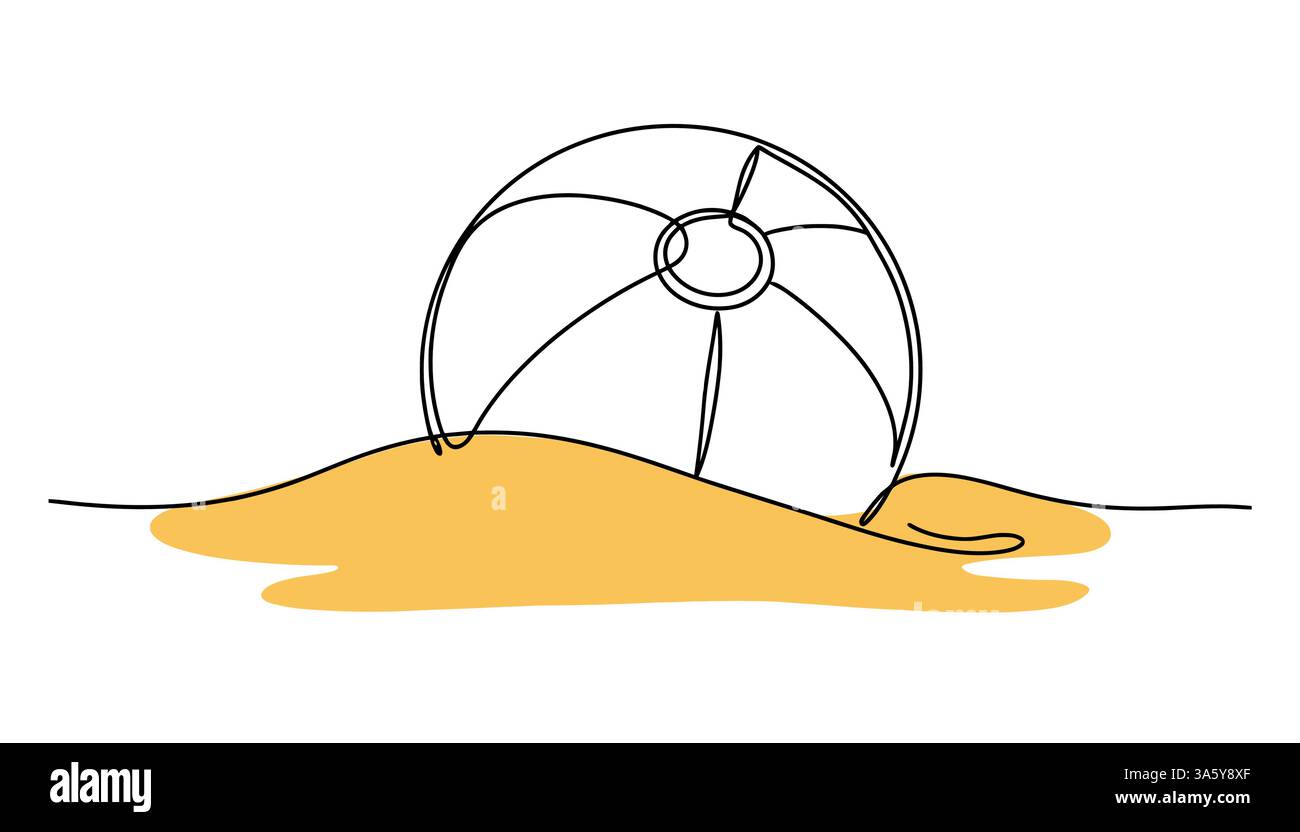 Single one line drawing of beach ball in sand. Summer beach concept ...