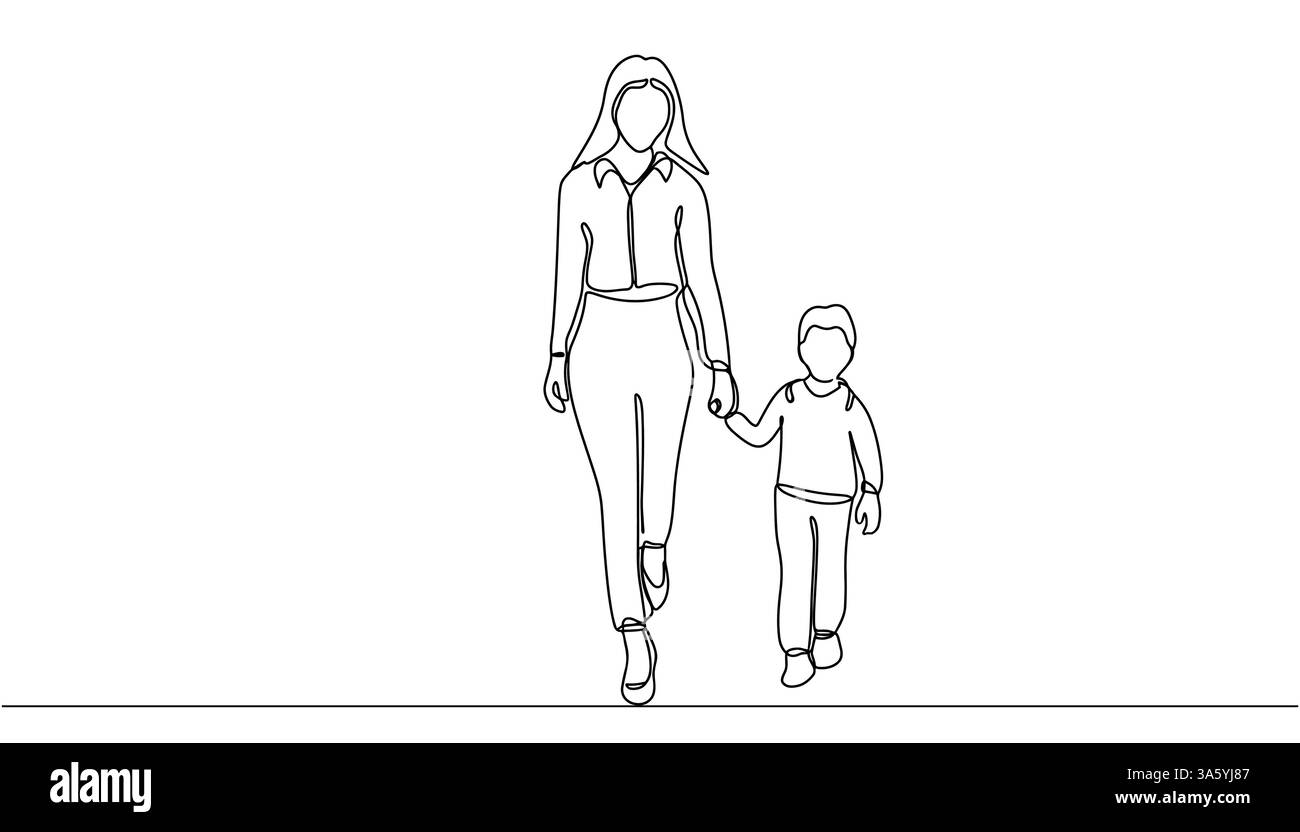 Mother with her child son walking away. Continuous line drawing. Black ...