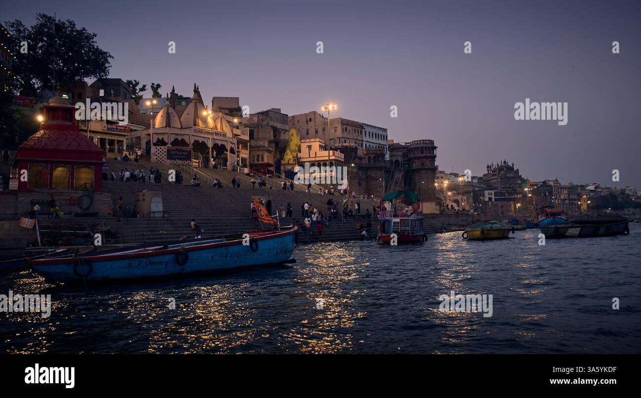 Panorama of Varanasi ghat at Ganges river at night, India Stock Photo ...