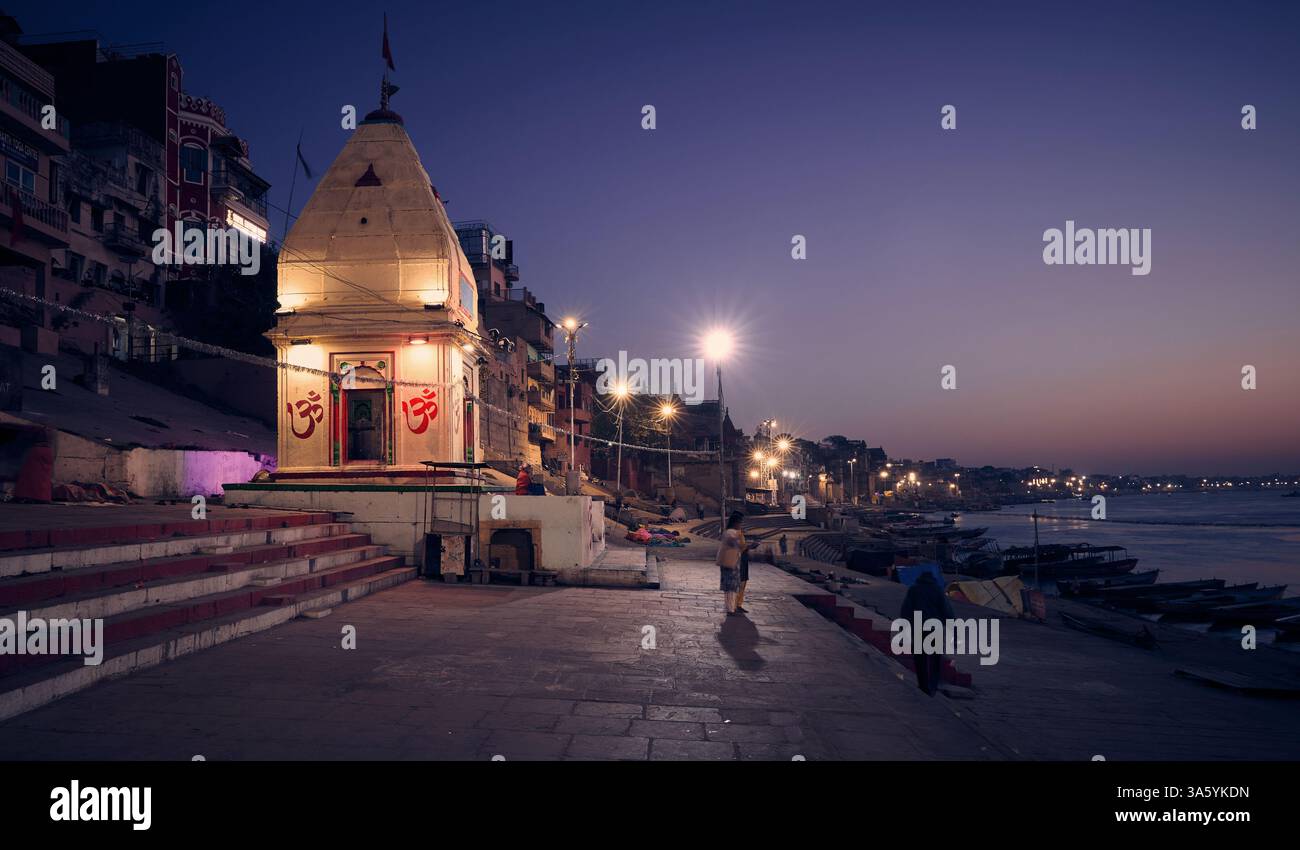 Panorama of Varanasi ghat at Ganges river at night, India Stock Photo ...