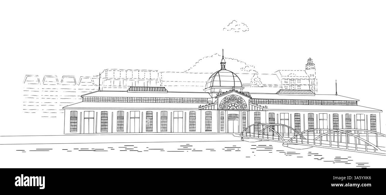 Vector line art illustration of the Hamburg Fischmarkt with the iconic ...