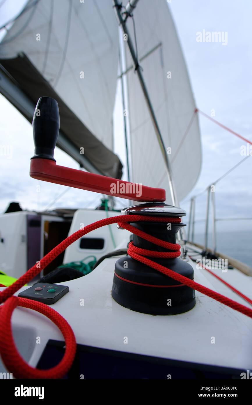 23 March 2025 - A view on a sailing yacht with winches and lines ...