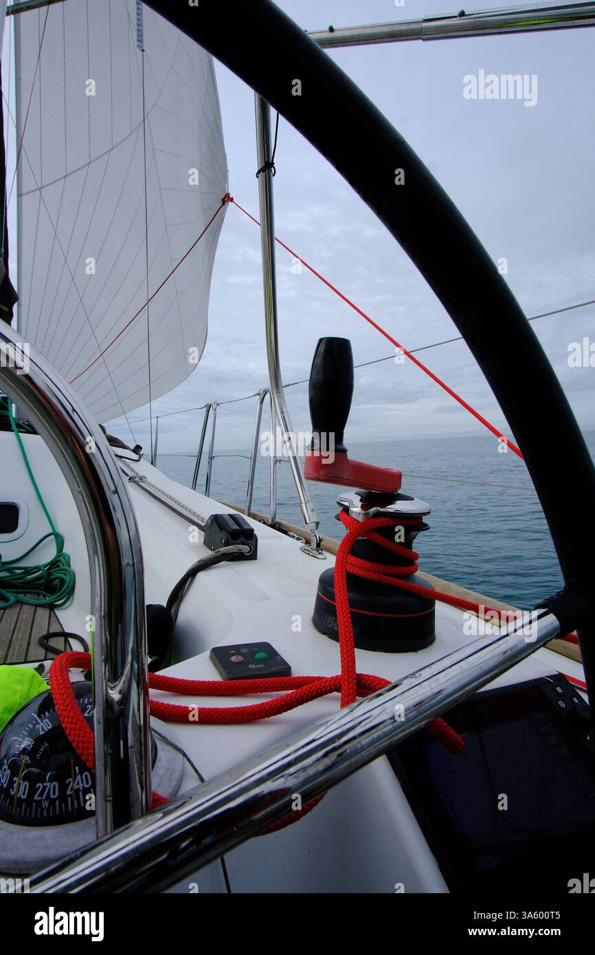 23 March 2025 - A view on a sailing yacht with winches and lines ...