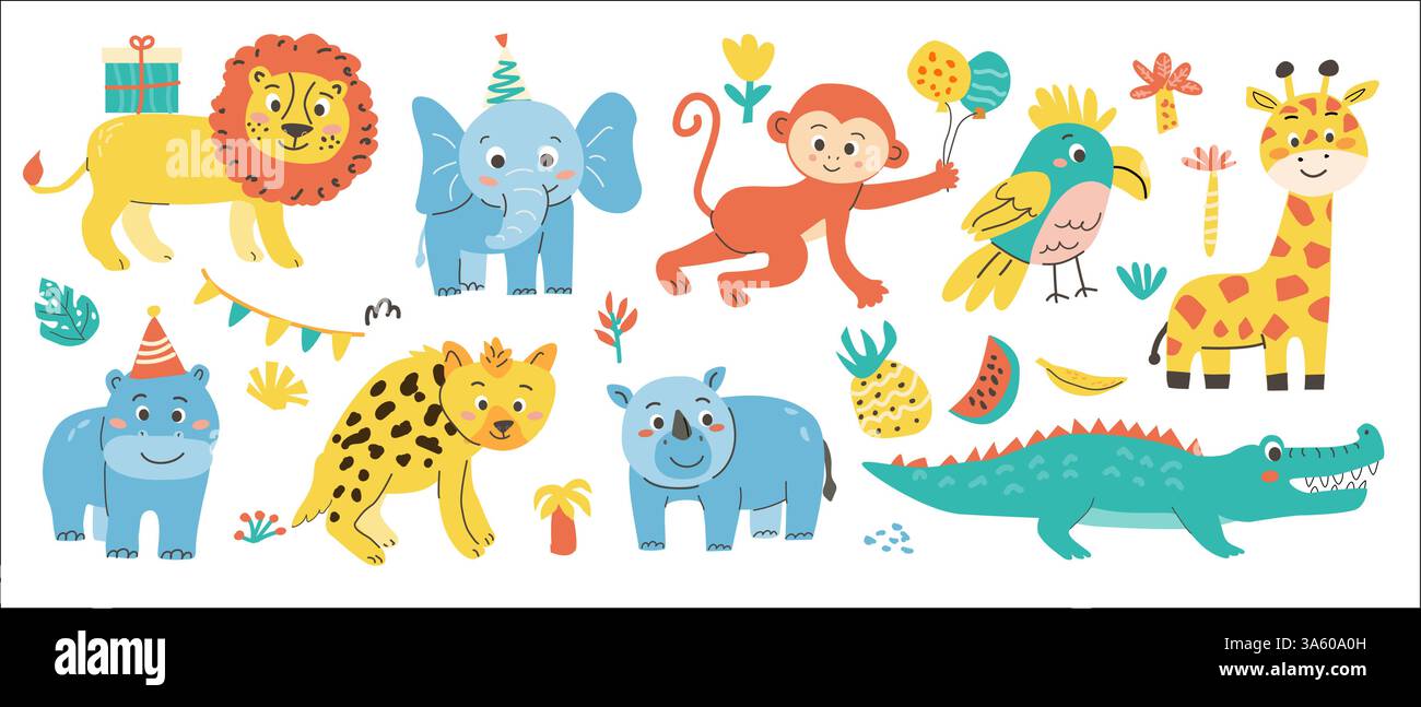 Colorful cartoon animal party scene with jungle animals and balloons ...