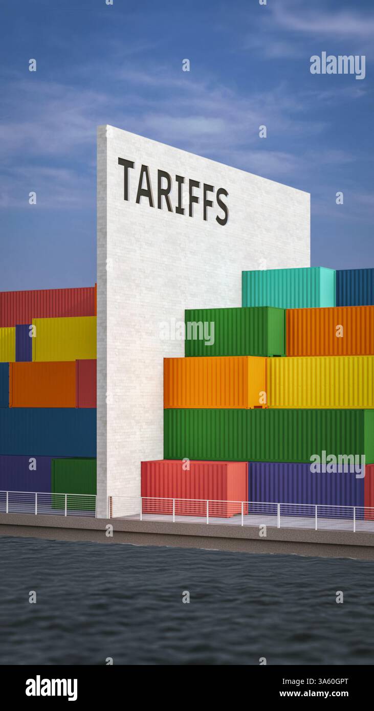Illustration of a shipping dock split by a massive wall labeled TARIFFS ...
