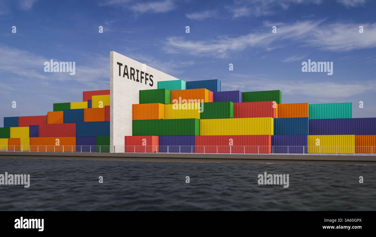 Illustration of a shipping dock split by a massive wall labeled TARIFFS ...