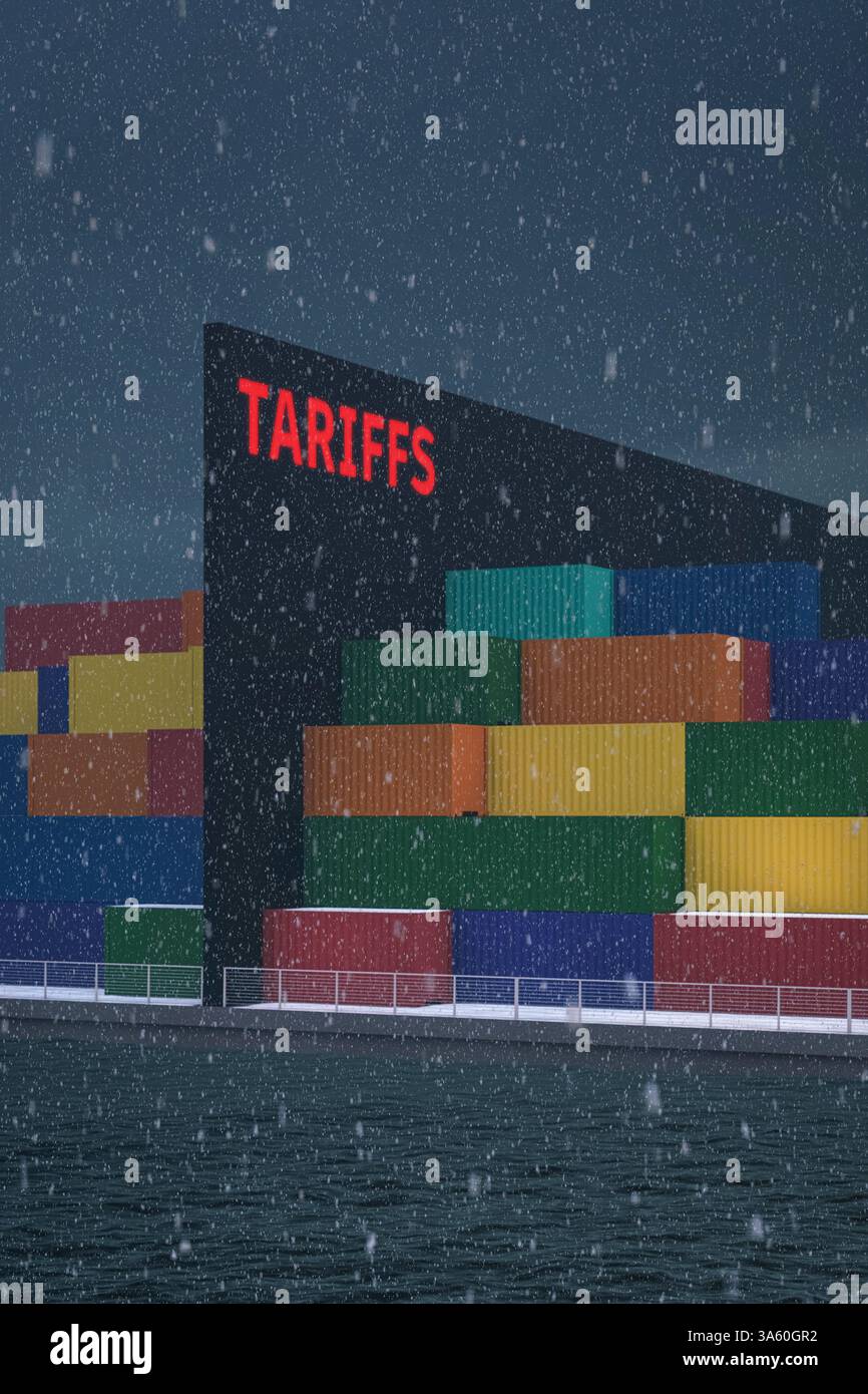 Illustration of a shipping dock split by a massive wall labeled TARIFFS ...