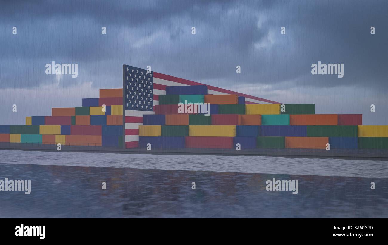 Illustration of a shipping dock split by a massive wall with US flag ...