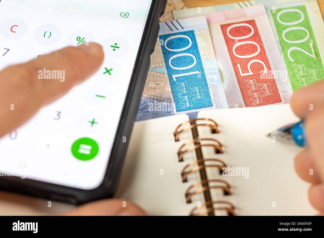 Swedish krona, Counting on smartphone calculator, SEK money, notes in ...