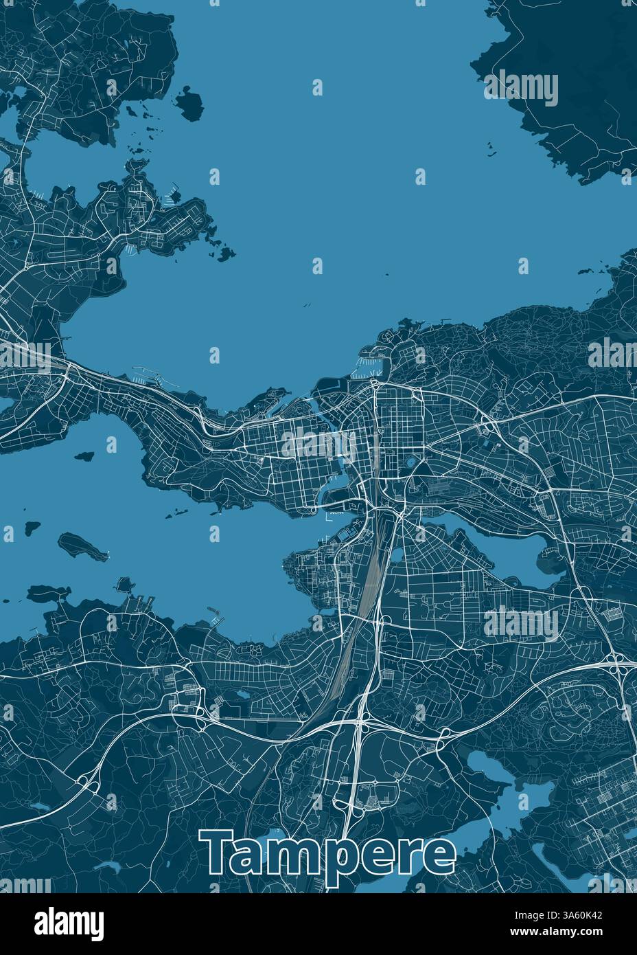 A detailed map of Tampere, Finland, rendered in a minimalist style. The ...