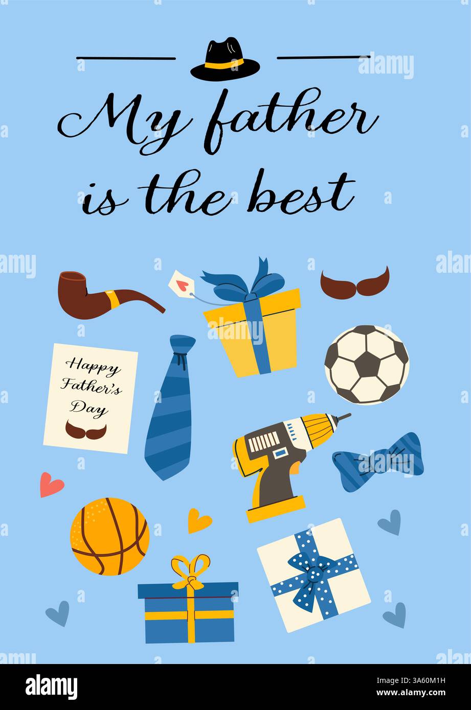 Father's day greeting card design with gifts and sports theme Stock ...