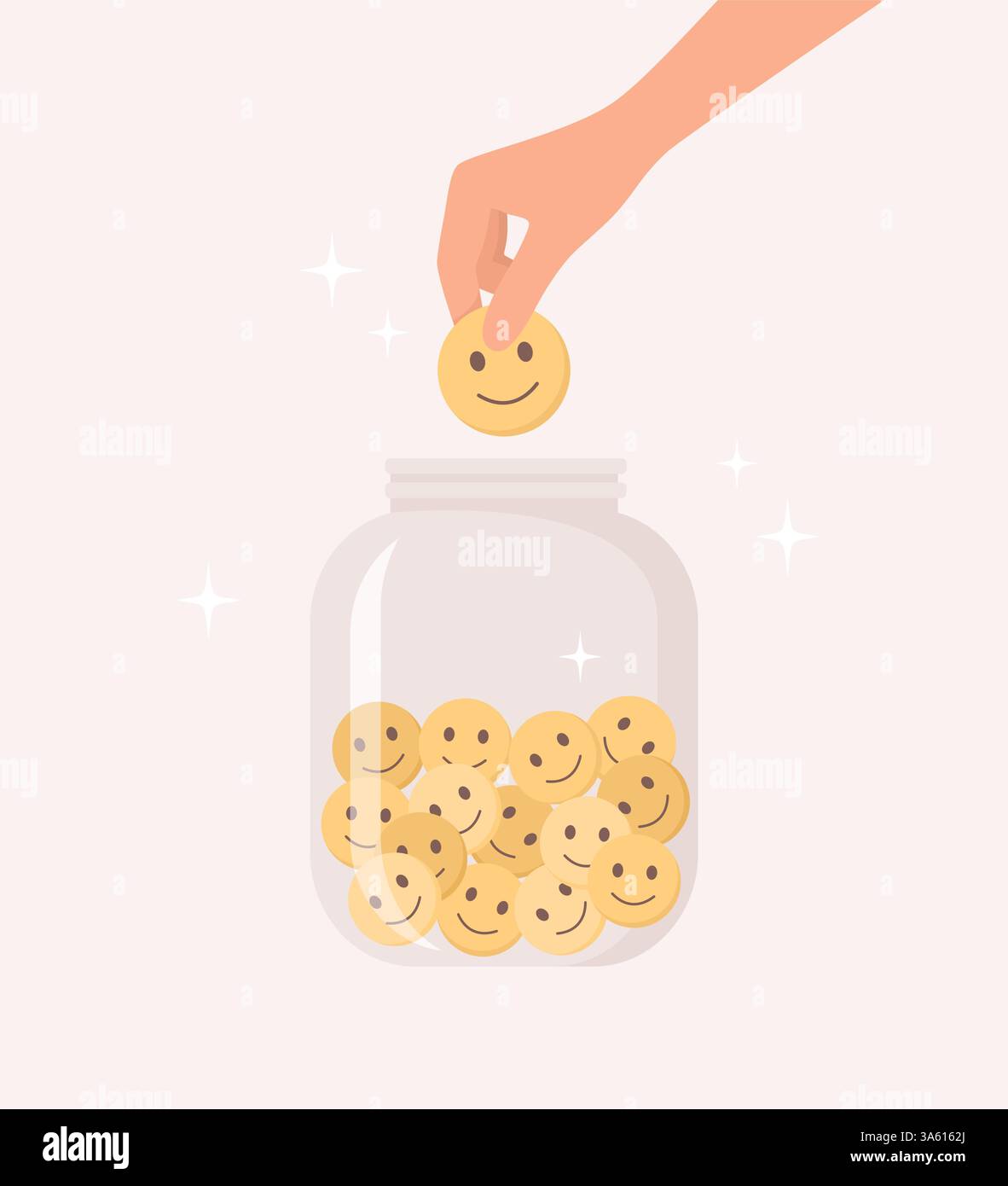 Hand putting a smiling emoji into a glass jar full of smiling emojis ...
