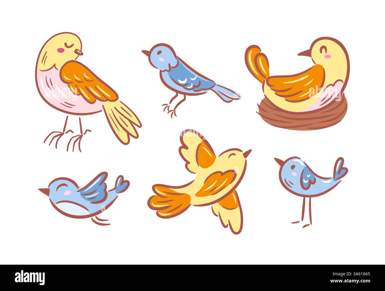 A set of charming birds in a sketched style showcases flying birds ...