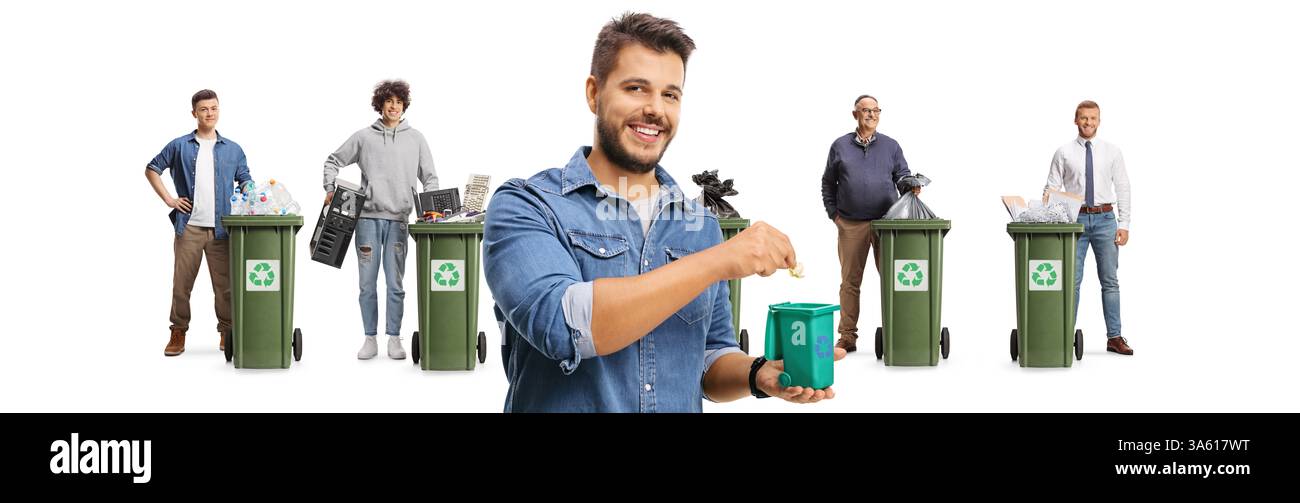 Men with recycling bins, collecting e-waste, plastic and paper isolated ...