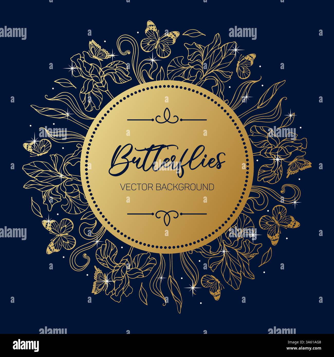 A round frame with elegant golden irises intertwined with delicate ...