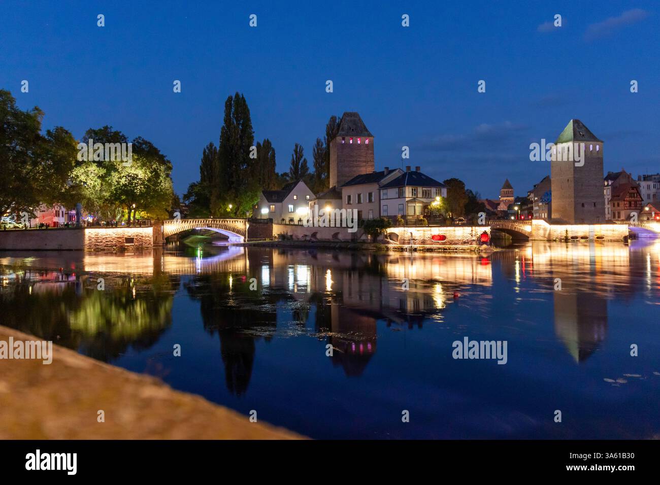 The Ponts Couverts (Covered Bridges) in Strasbourg, France, illuminated ...