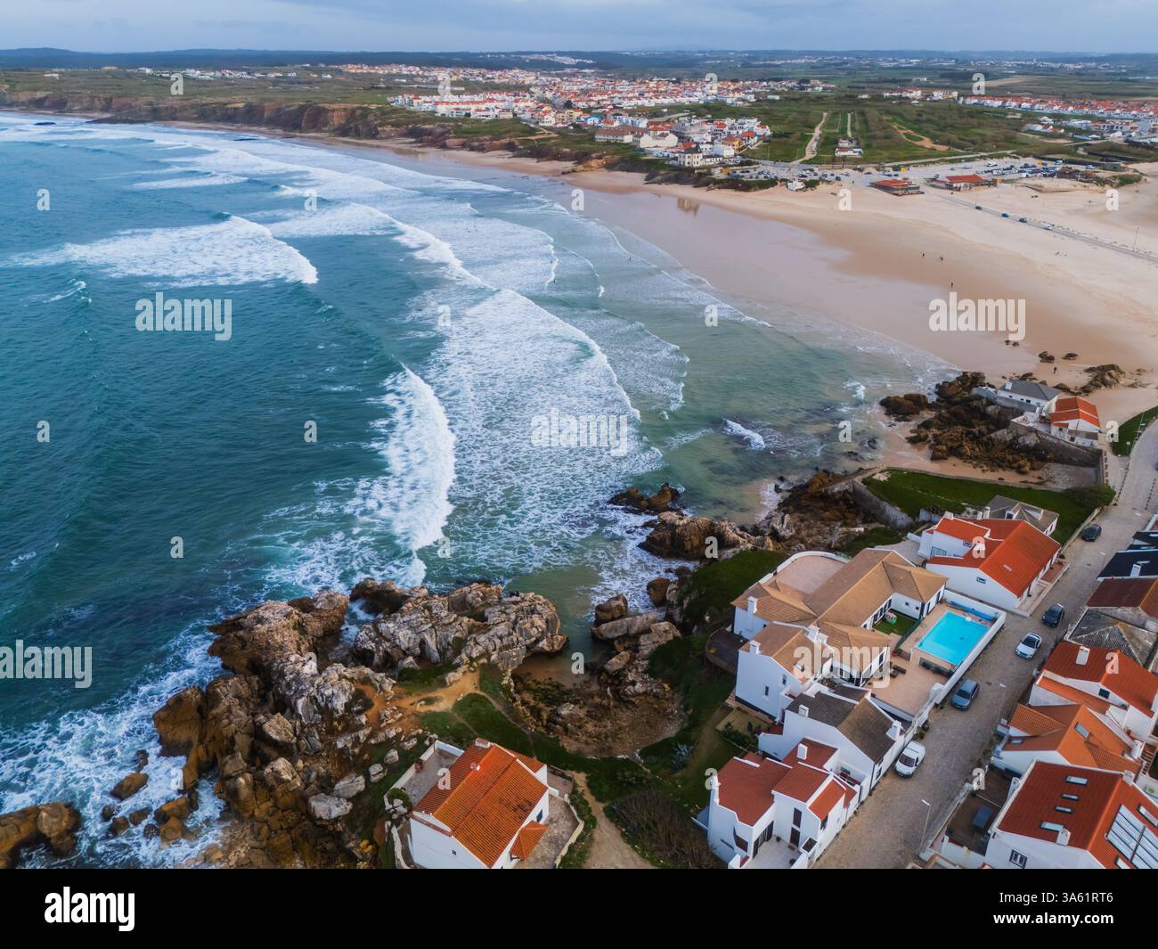 Aerial view of Praia do Baleal norte beach and local architecture ...