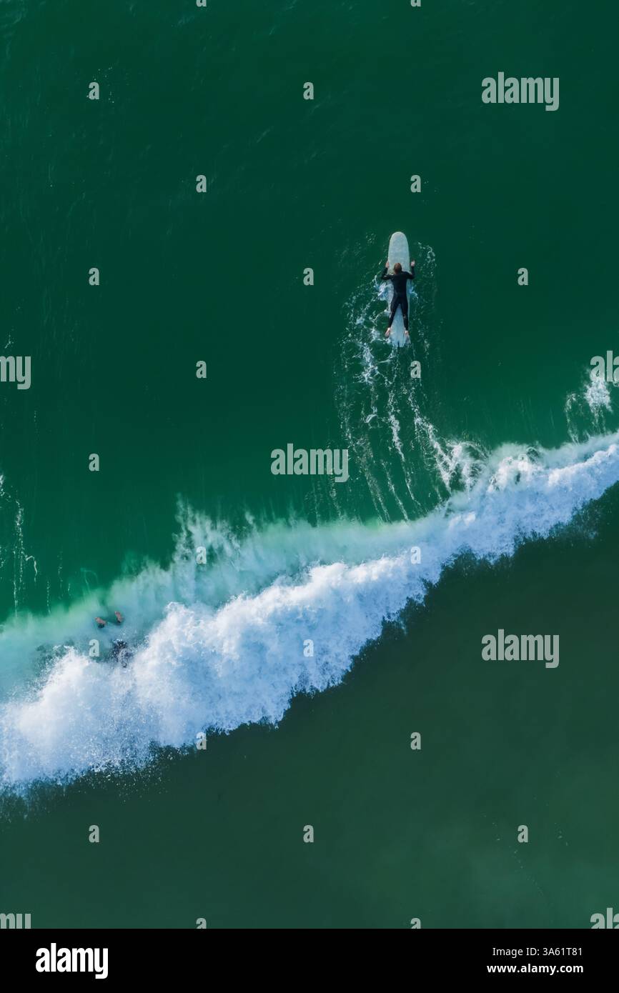 Aerial view of surfers in the water waiting for the right wave in ...