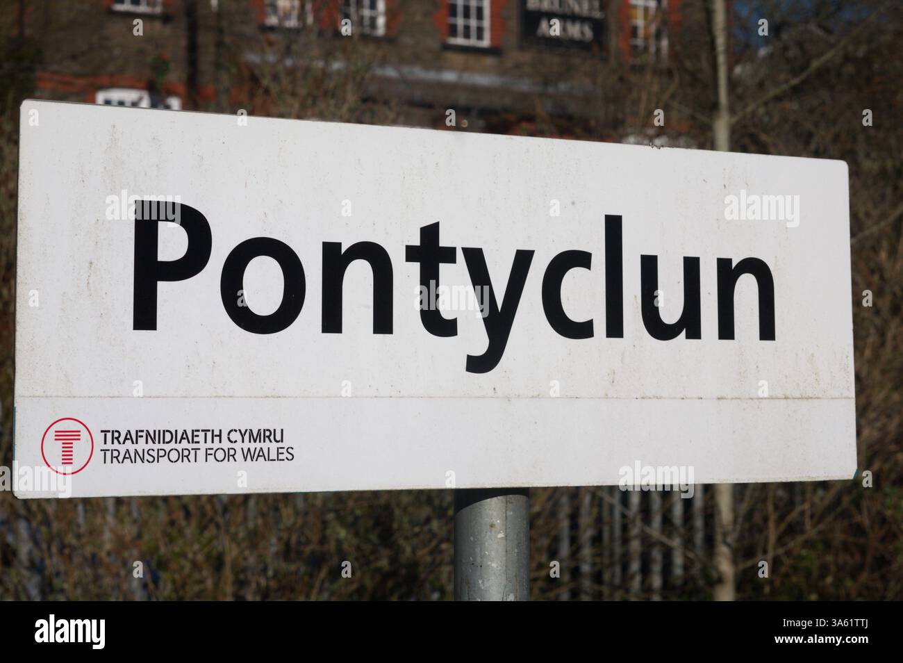 Sign of Pontyclun railway station managed by Transport for Wales with ...