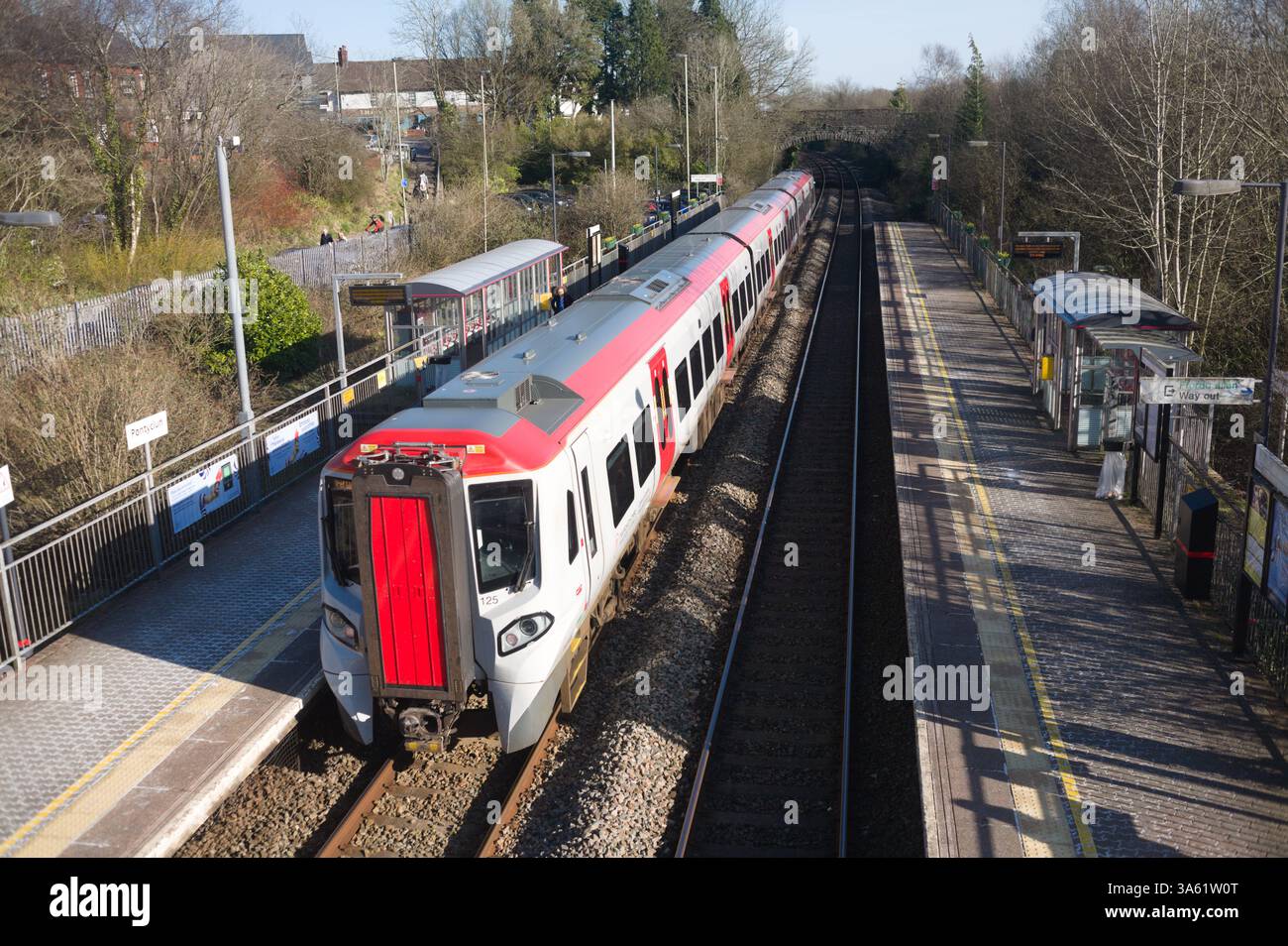 Class 197 diesel multiple unit Transport for Wales train on up platform at Pontyclun railway ...