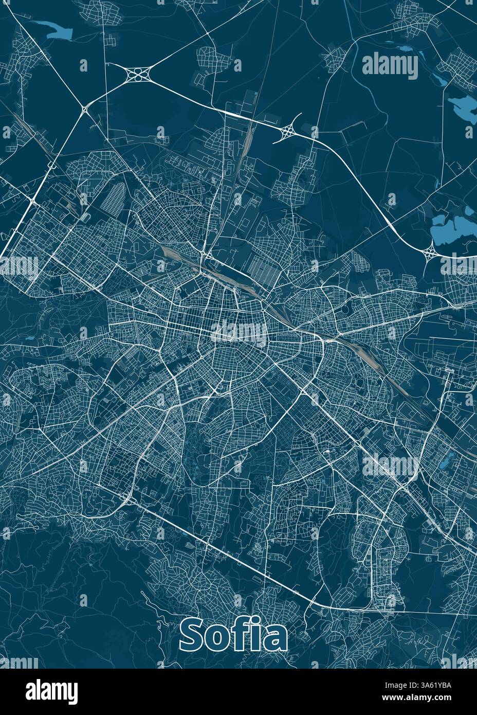 The image showcases a detailed map of Sofia, Bulgaria, rendered in a minimalist style. The city ...