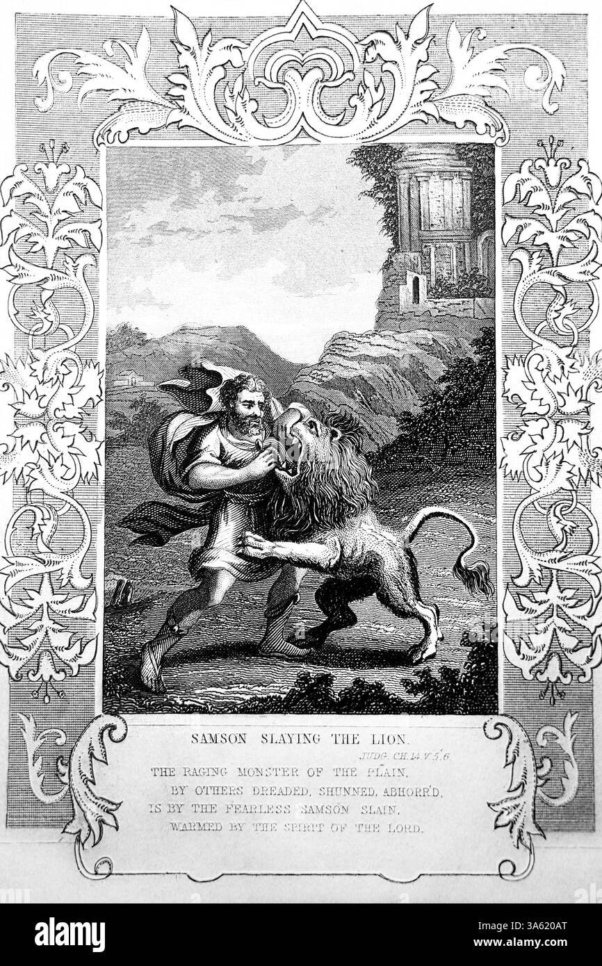 Samson Slaying the Lion (Judges) Steel Engraving by Alexander Fletcher ...