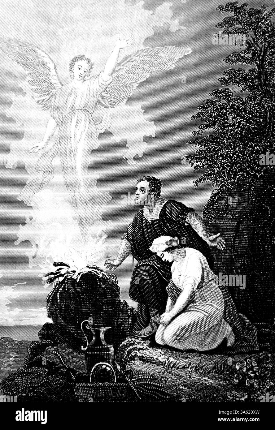 Manoah's Sacrifice (Judges) Manoah and His Barren Wife Sacrificing a Ram to the Lord So They may ...