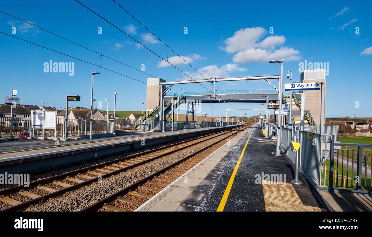 View of railway line station platform, East Linton, East Lothian ...