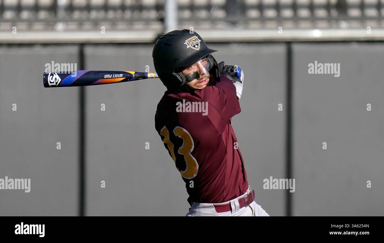 Iona infielder Jayson Gonzalez (13) bats during an NCAA baseball game ...