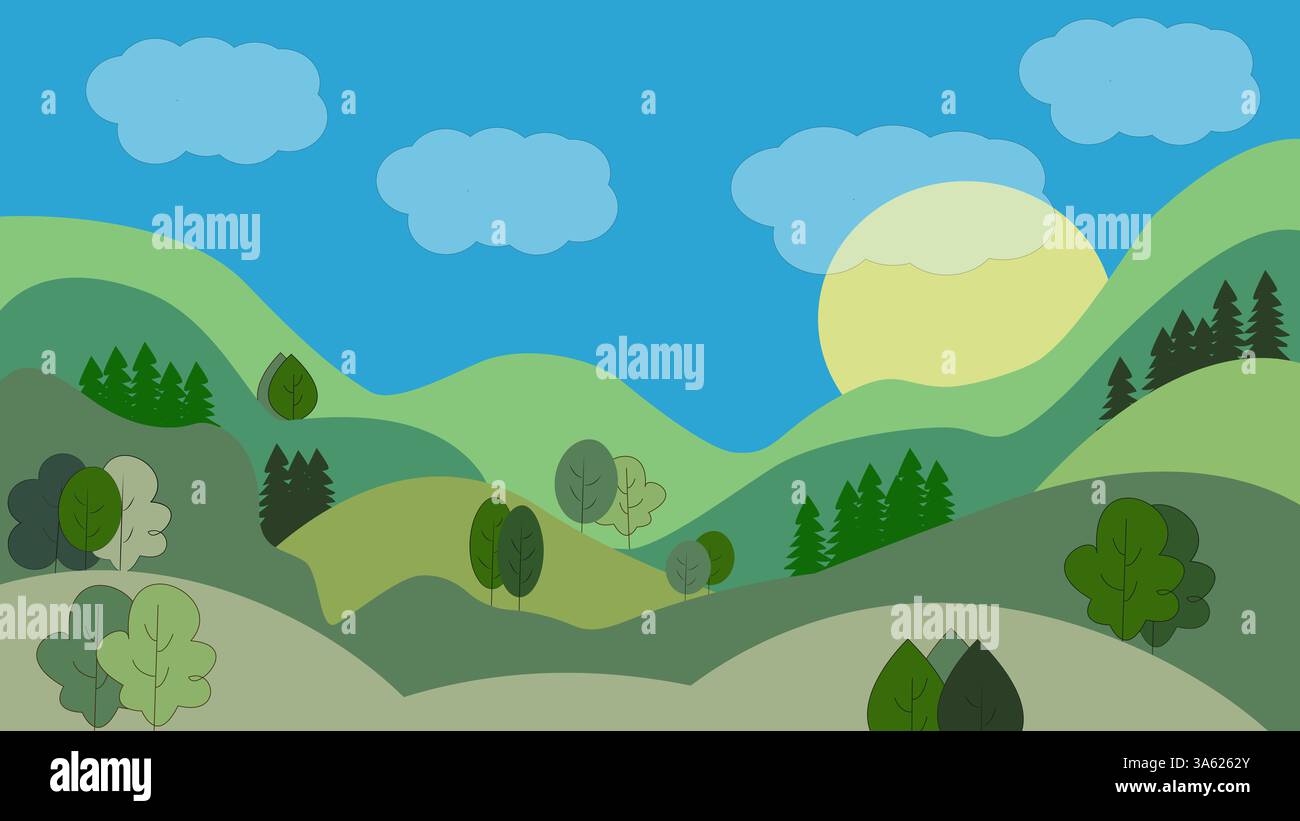 A picturesque green meadow in flat design style with majestic mountains ...