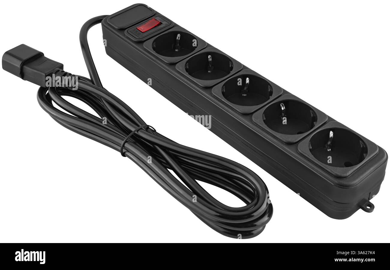 Black surge protector with long wire on white background. Ideal for ...