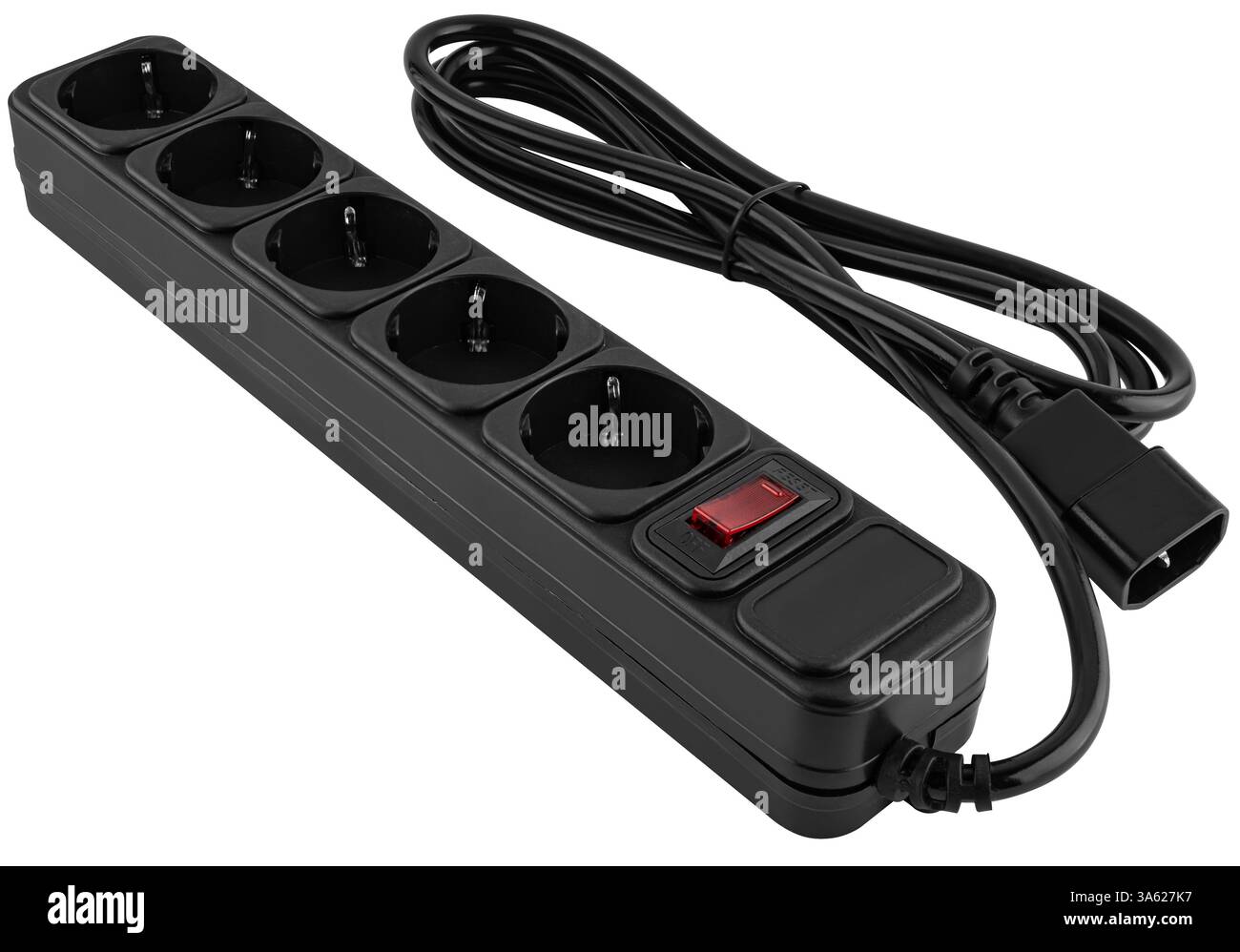 Modern black surge protector with five outlets and switch. on a white ...