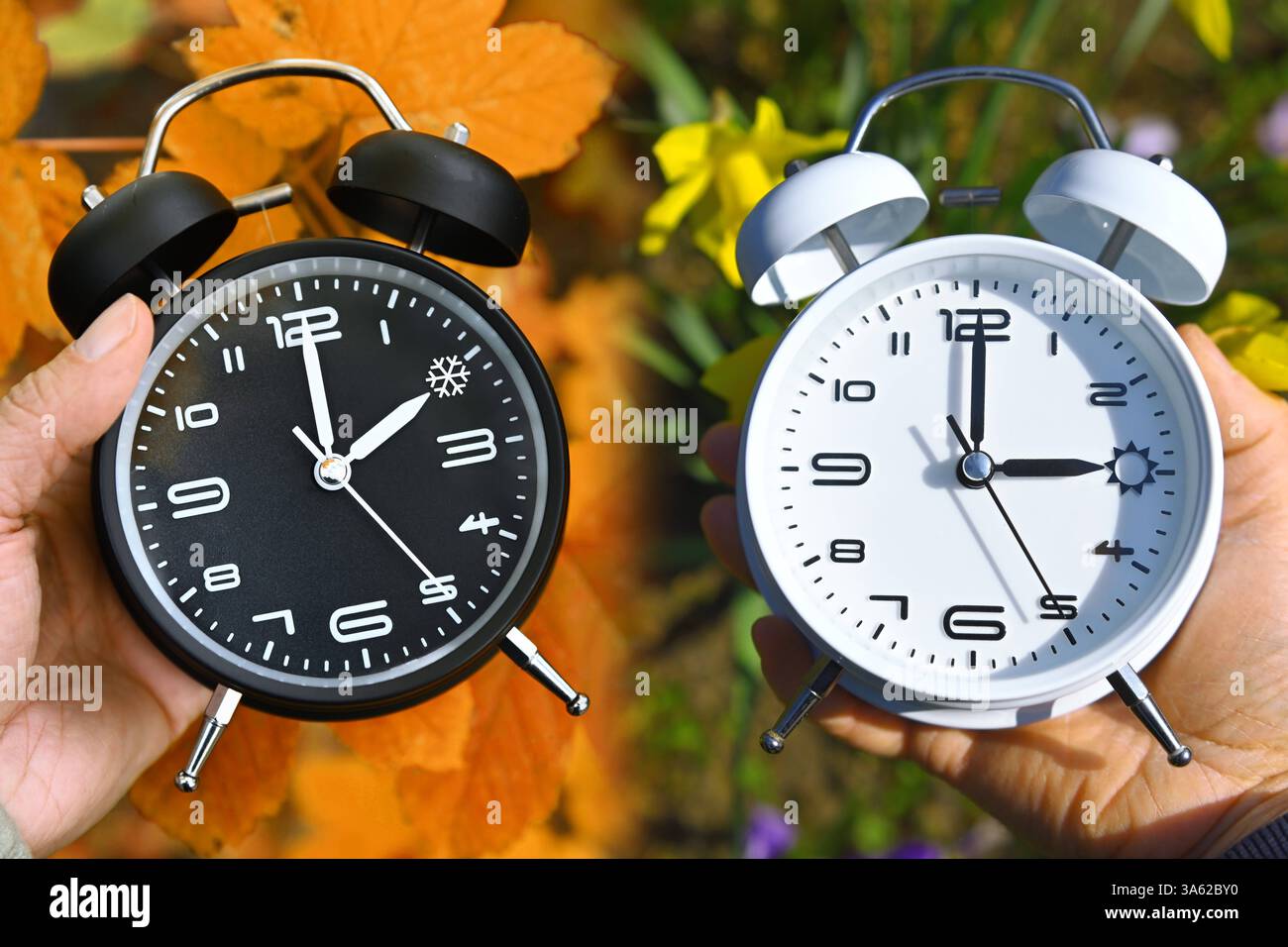 FOTOMONTAGE, Schwarzer und weißer Wecker mit Sonnen- und Schneeflocken ...