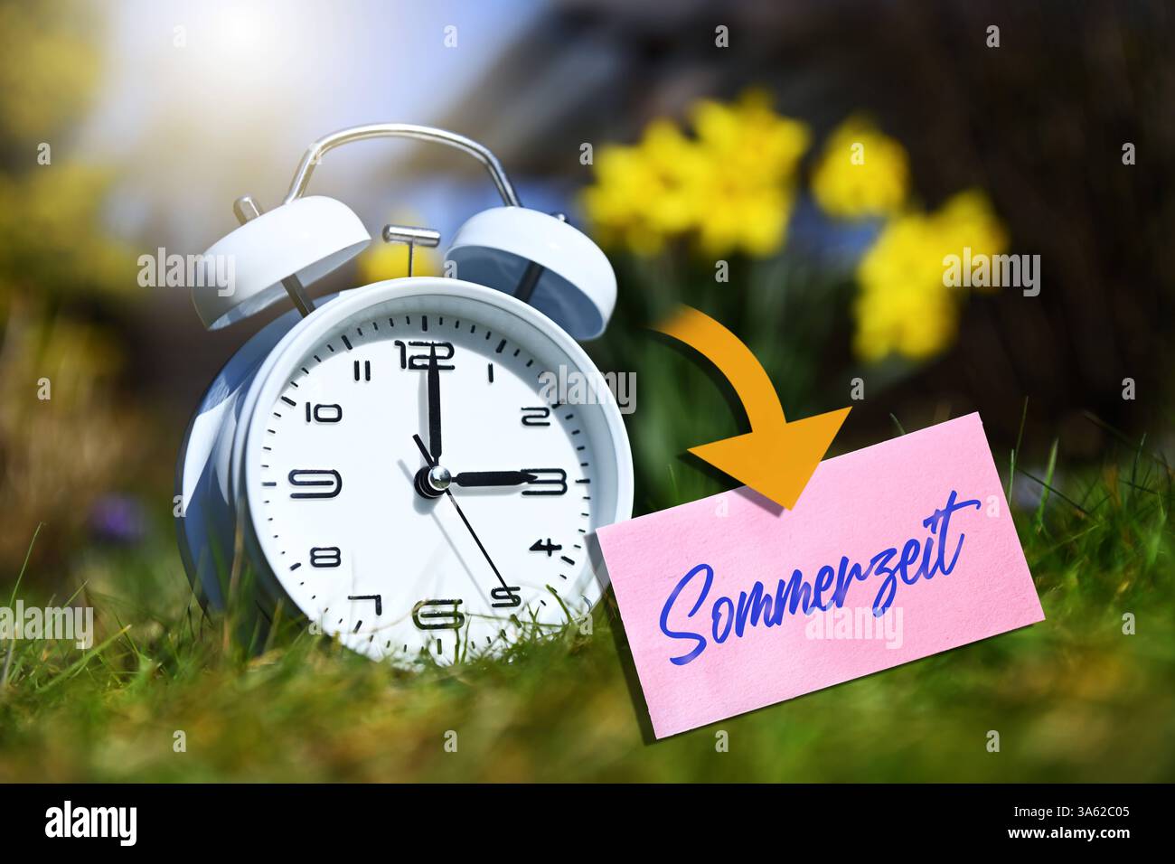 FOTOMONTAGE, Weißer Wecker vor Frühlingsblumen und Zettel mit ...