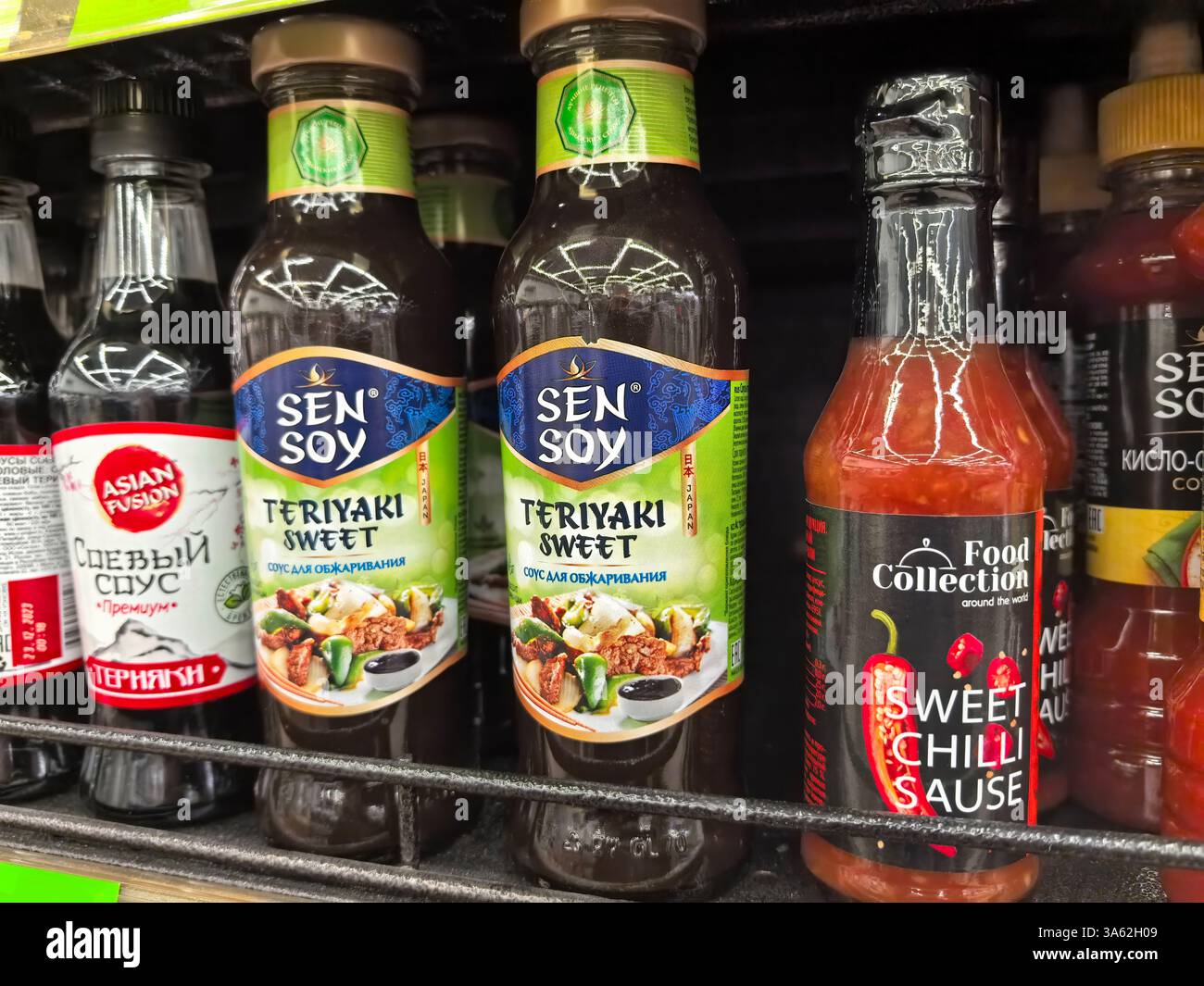 Bobruisk, Belarus - March 9, 2025: A vibrant display of sauces fills ...