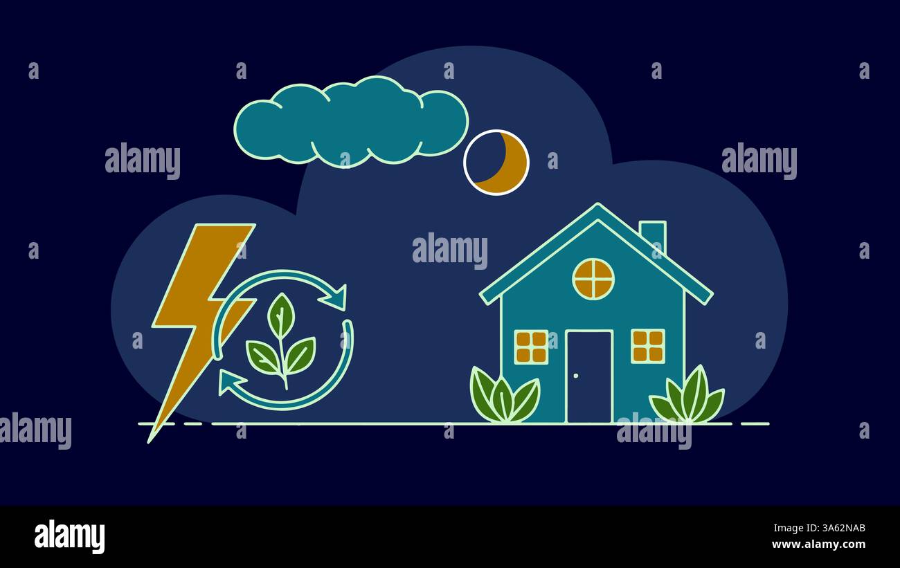 Eco house clean energy night. Moon stars cloud plants lightning. Green ...