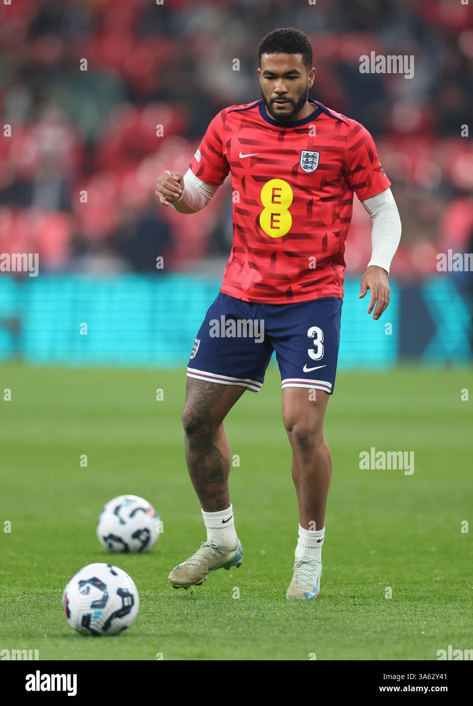 London, UK. 24th Mar, 2025. Reece James of England warms up before the ...