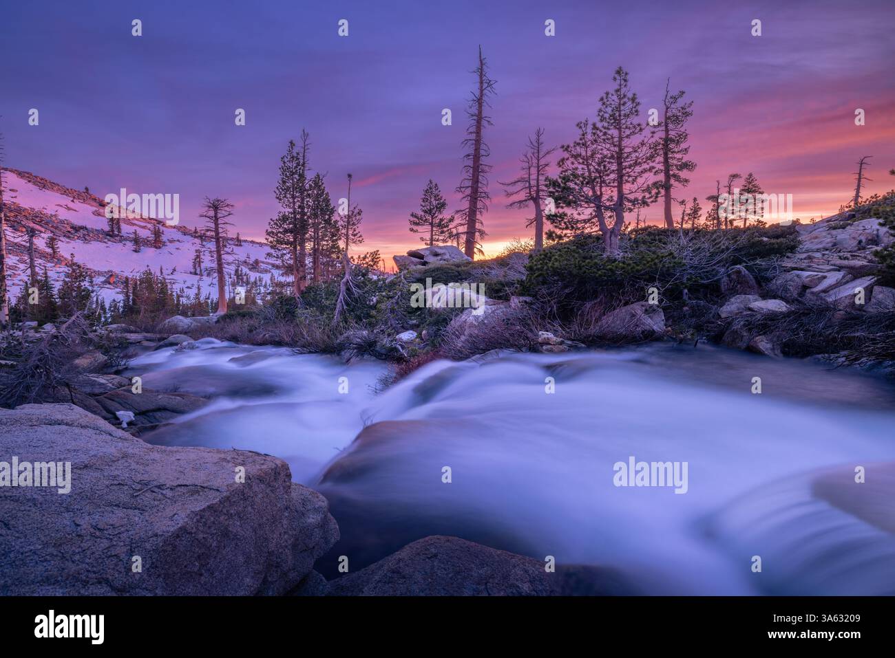 Sunset at twin lakes in Desolation Wilderness California with a rushing ...