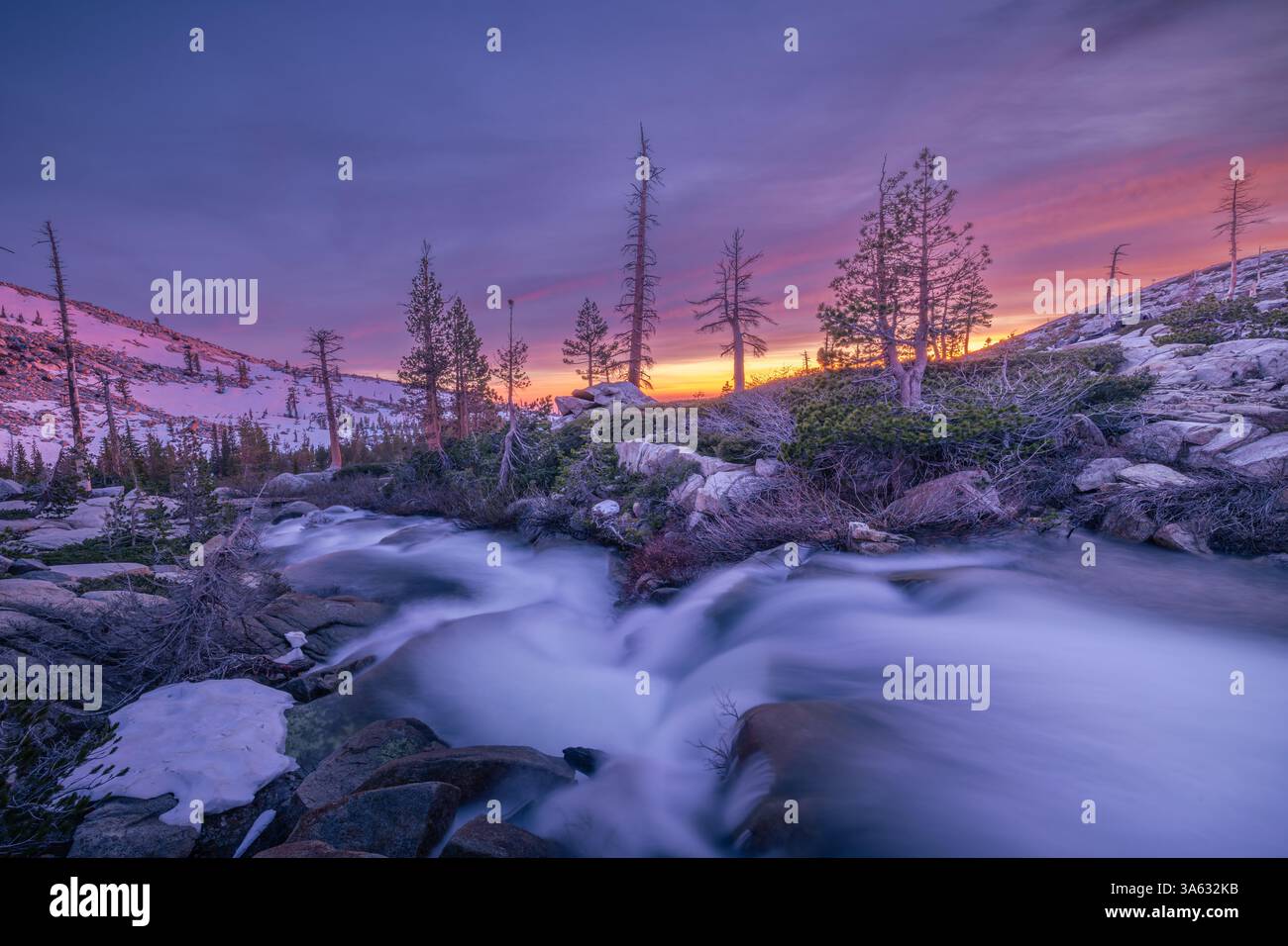 Sunset at twin lakes in Desolation Wilderness California with a rushing ...