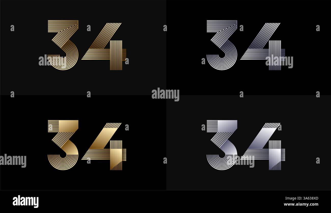 Number Design Line Stripes in Luxury Gold 34th, 34th Years Anniversary ...