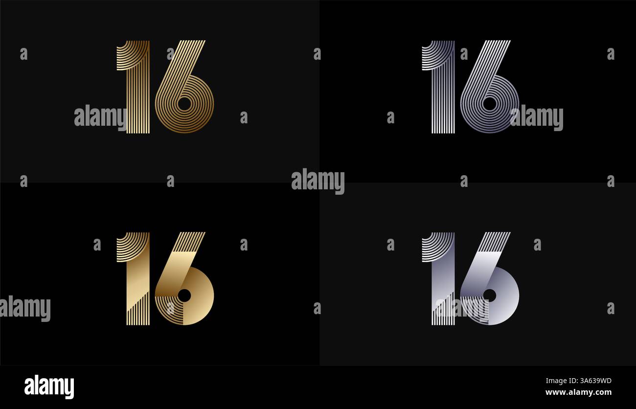 Number Design Line Stripes in Luxury Gold 16th, 16th Years Anniversary ...
