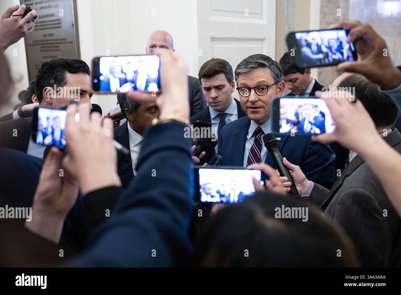 House Speaker Mike Johnson (R-La.) speaks with reporters as he arrives ...