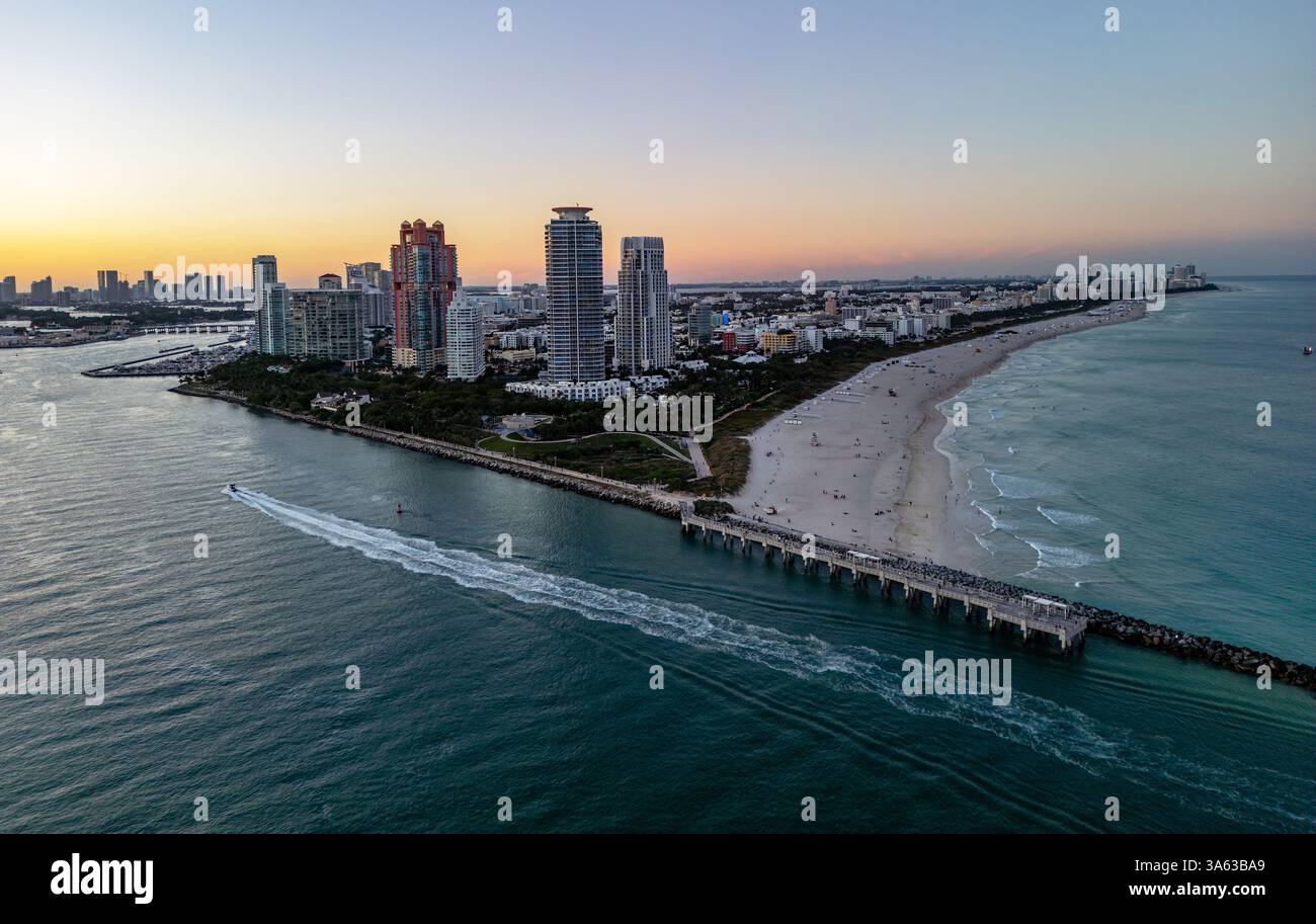 Miami Beach sunset aerial view. Downtown Miami skyline at dusk. South ...