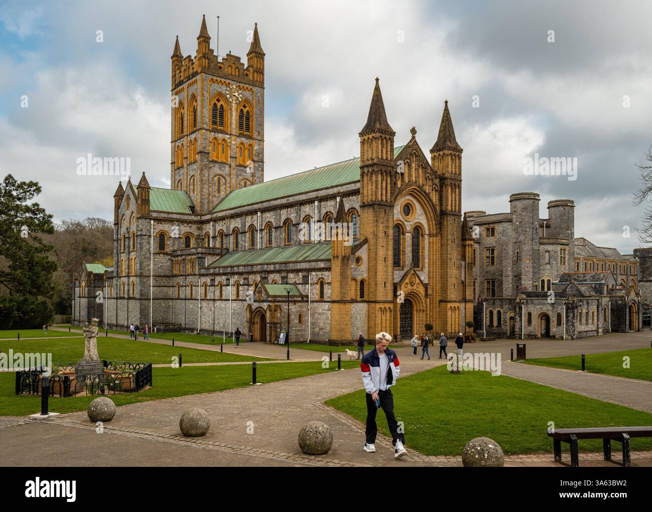 Buckfast Abbey and monastery exteriors in early Spring with people ...