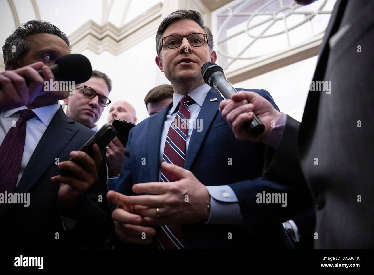 House Speaker Mike Johnson (R-La.) speaks with reporters as he arrives ...
